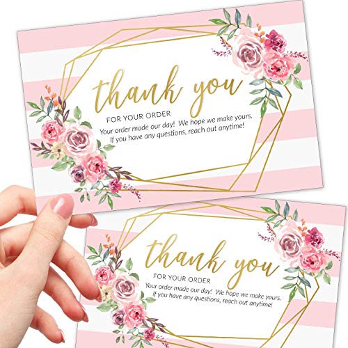 T Marie 50 Large 4x6 Pink Thank You Postcards Small Business Supplies for Boutique Shops - Faux Gold and Pink Floral Thank You For Your Order and Thanks For Supporting My Small Business Cards - Bulk Thank You For Shopping Cards