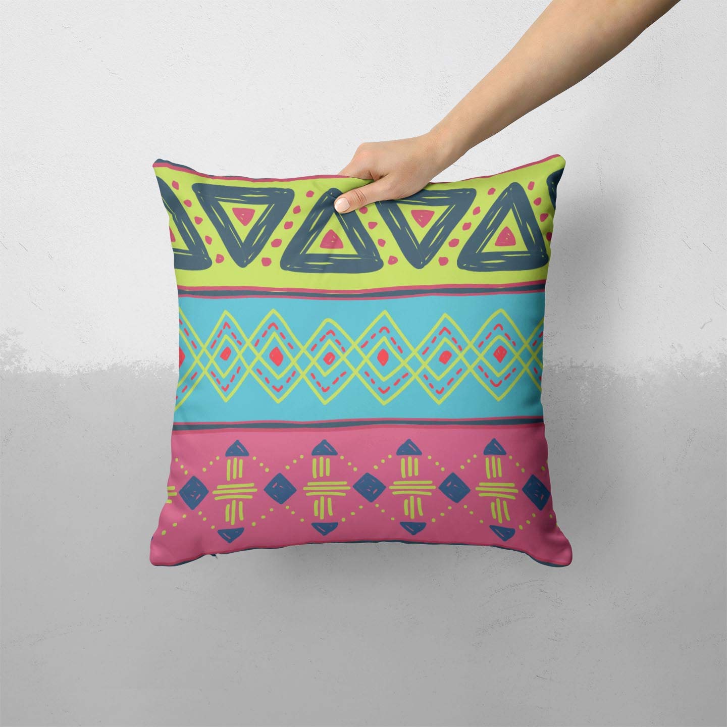 iiRov Vector Sketched Yellow-Teal-Pink Aztec Pattern - Custom Decorative Home Decor Indoor or Outdoor Throw Pillow Cover Plus Cushion Set for Sofa, Bed or Couch (Pillow CASE Cover Plus Cushion)