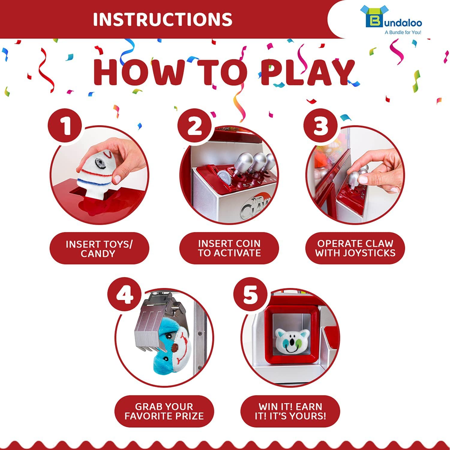 Bundaloo Claw Machine Arcade Game - Electronic Mini Candy and Toy Grabber Dispenser for Kids - with Lights Sound & 4 Mini Plush Animals (Red)