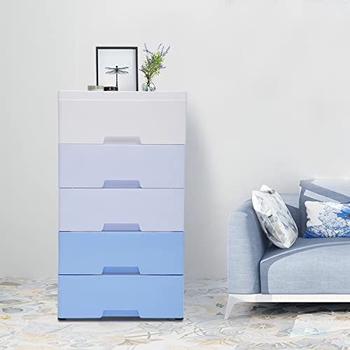 Plastic Storage Cabinet,5 Drawer Stackable Vertical Clothes Storage Tower,Lockers can be Placed in Bedrooms Bathrooms Livingrooms (Blue)