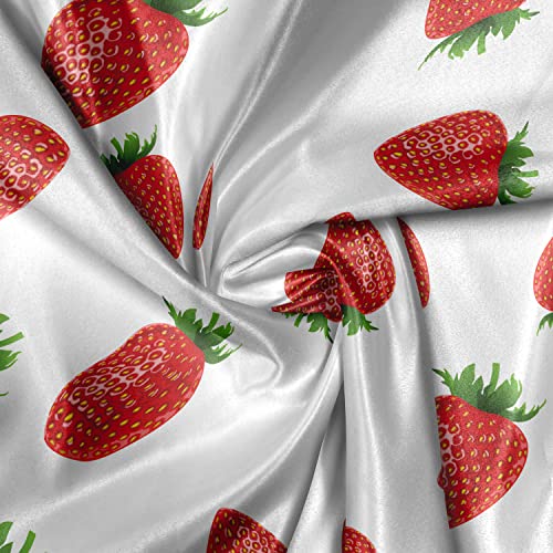 Lunarable Spring Fabric by The Yard, Cartoon Style Strawberries on White Background Fresh Fruit Pattern Image, Decorative Satin Fabric for Home Textiles and Crafts, 2 Yards, White Red