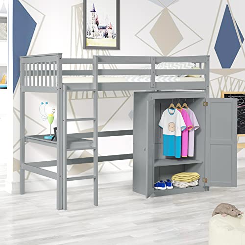 BIADNBZ Wooden Loft Bed with Desk and Wardrobe, Twin Size Loftbed Frame with Storage Closet&Bulid-in Ladder, for Kids Teens Bedroom, Gray