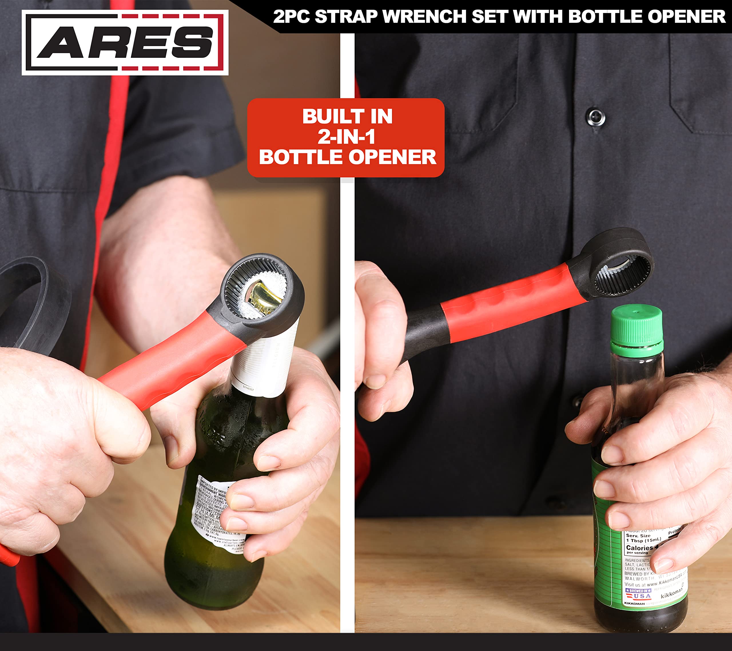 ARES 56034-2-Piece Rubber Strap Oil Filter Wrench Set - Adjustable Up to 4-inch and 6-inch Diameter - Non-Marring Slip Resistant Strap Wrench - Ergonomic TPR Handles