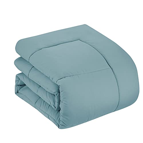 Sweet Home Collection 7 Piece Comforter Set Bag Solid Color All Season Soft Down Alternative Blanket & Luxurious Microfiber Bed Sheets, Misty Blue, Full