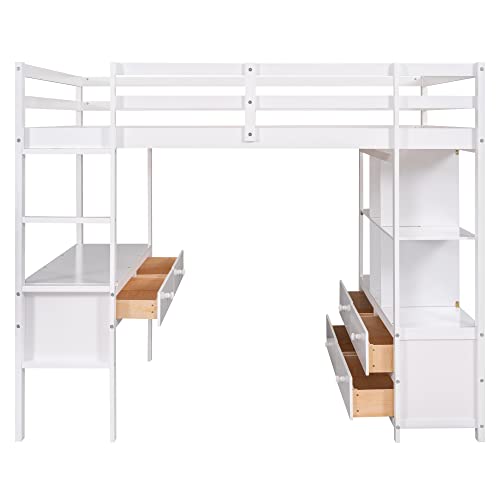 BIADNBZ Full Size Loft Bed with Built-in Desk and 2 Drawers, Wooden High Loftbed Frame w/Storage Shelves, Cabinets and Guardrails, for Kids Teens Adults, White