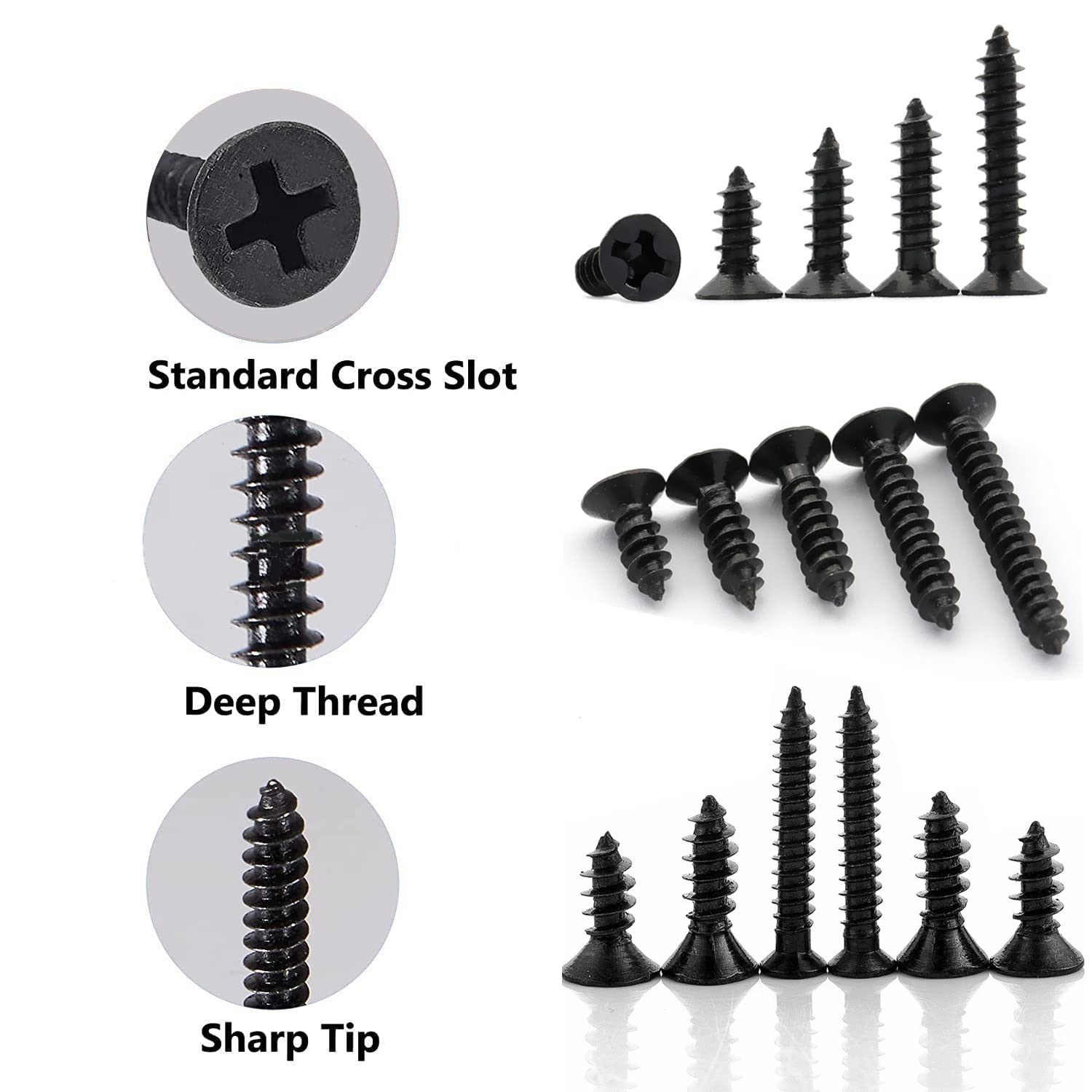 450Pcs Black Wood Screw Assortment Kit, M2.3/M2.6/M3 Zinc-Plated Carbon Steel Flat Head Self Tapping Screws Assortment Kit,Self Tapping Metal Screws Kit with Cap Covers.