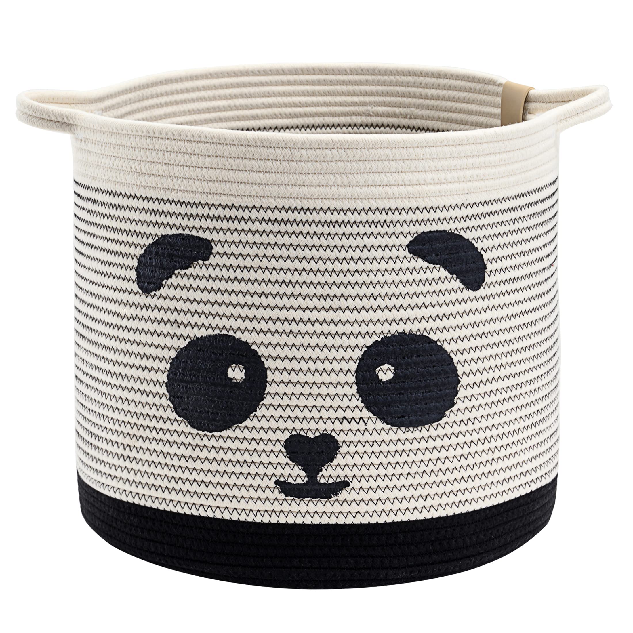 ART pinecone cotton rope basket oval woven storage basket, Cute Dog Toy Basket Cotton Basket Baby Nursery Hamper Shelf Decorative Bin,15"L x 10"W x 9"H (cute Panda, Black & White)