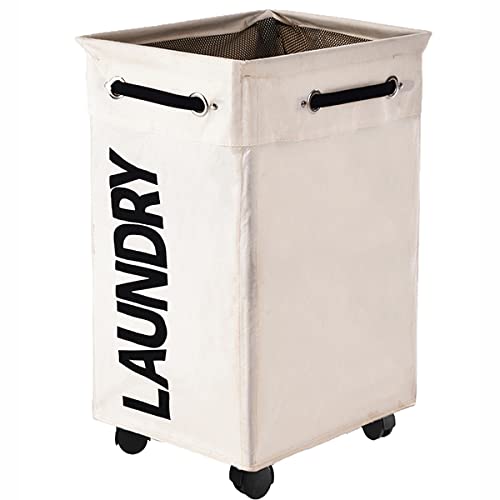 Haundry 86L Large Collapsible Laundry Hamper with Wheels, Rolling Large Clothes Hamper Basket, Wheeled Dirty Clothes Storage Bin, Beige
