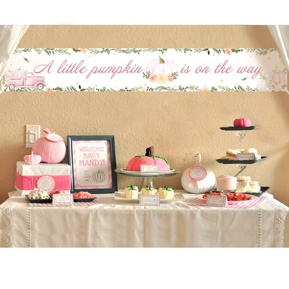 A Little Pumpkin is On the Way Banner, Fall Theme Pumpkin Baby Shower Gender Reveal Birthday Party Decorations Supplies (Pink)