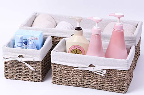 Vintiquewise Seagrass Small Shelf Storage Basket with White Lining (Set of 3)