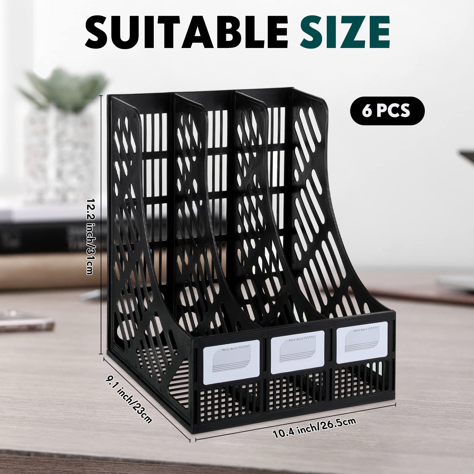 6 Pcs Magazine File Holder Sturdy Plastic Desk Organizers and Storage File Folder for Office Black Organization Binder Organizer with 3 Vertical Compartments for Home, Desk, School