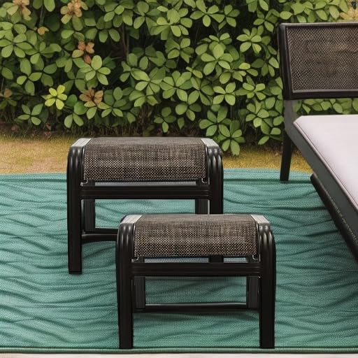 Deugold Outdoor Patio Foot Rest Ottoman Seat Textilene Portable Metal Footstool Portable Patio Chairs 2 Set Brown