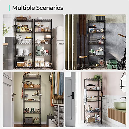LINSY HOME 5-Tier Storage Shelves with 2 Rotatable Shelves, Height Adjustable Metal Pantry Shelves with 5 Hooks and Shelf Liners, Heavy Duty Metal Shelving, Wire Shelving for Kitchen, Bathroom -Dark