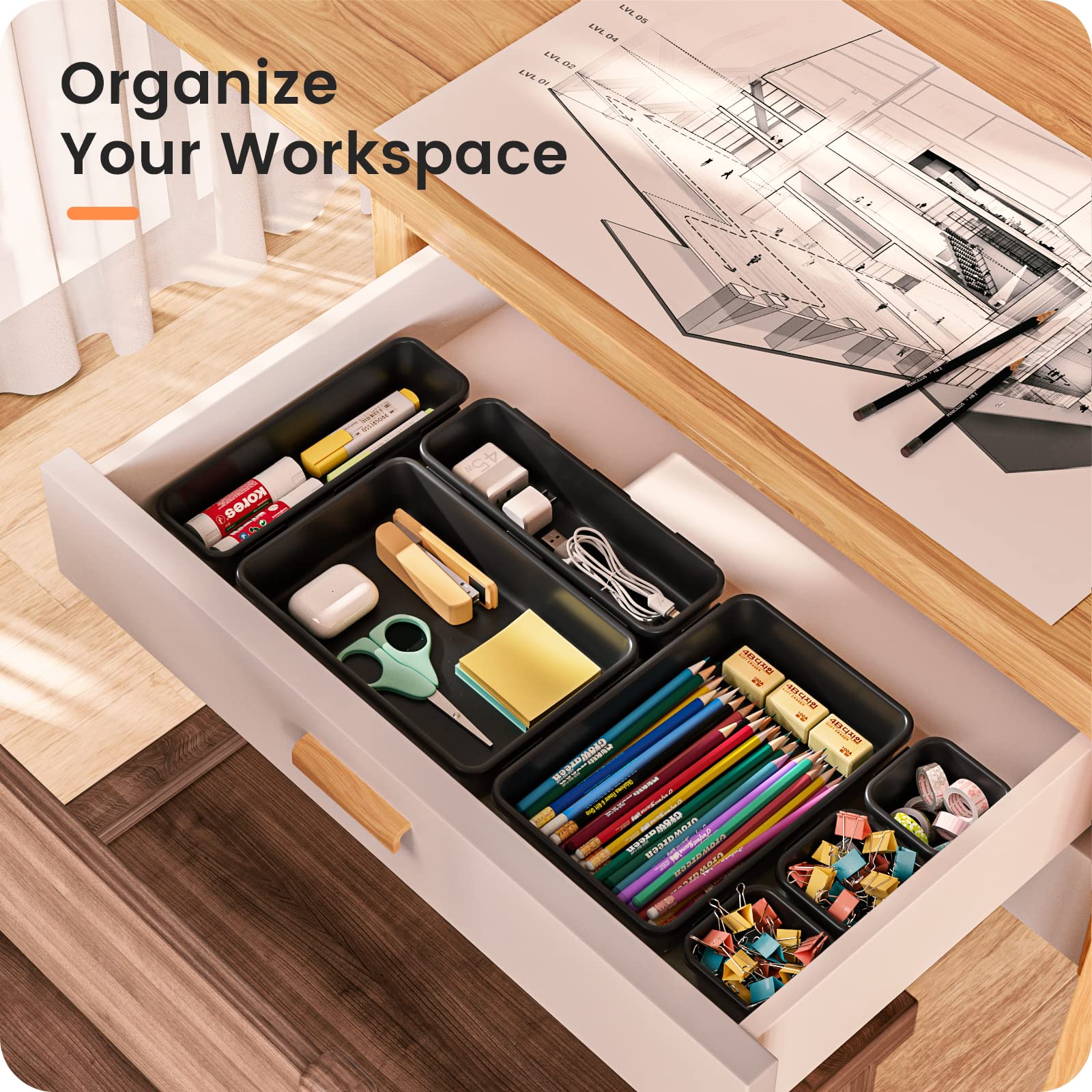 A-LuGei ใ๐ฏ๐ฎ๐ฃ๐๐ฆใ Plastic Desk Drawer Organizer Tray Divider Set, Makeup Organization and Storage Bin Container for Office Utensils Bathroom Kitchen Bedroom Gadget Tool Pantry Cosmetic Jewelry