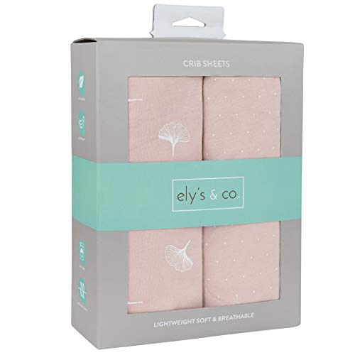 Ely’s & Co. Crib Sheet 2-Pack — Combed, 100% Jersey Cotton for Baby Girl — Rosewater Pink, Pin Dots & Gingko Leaves