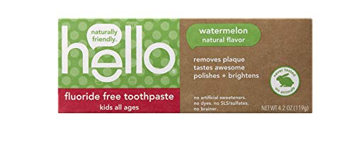 Hello Oral Care Kids Fluoride Free and SLS Free Toothpaste Twin Pack with BPA-Free Kids & Toddler Toothbrush, Natural Watermelon