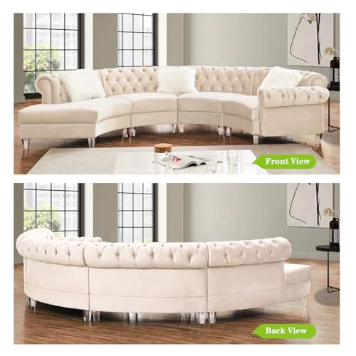 Legend Vansen Curved Velvet Sectional Sofa,Modern Upholstered Tufted Modular Sectional Sofa with Metal Legs,Comfy Semicircle Couch with Rolled Arms and Nailheads for Living Room,Bedroom(Beige)