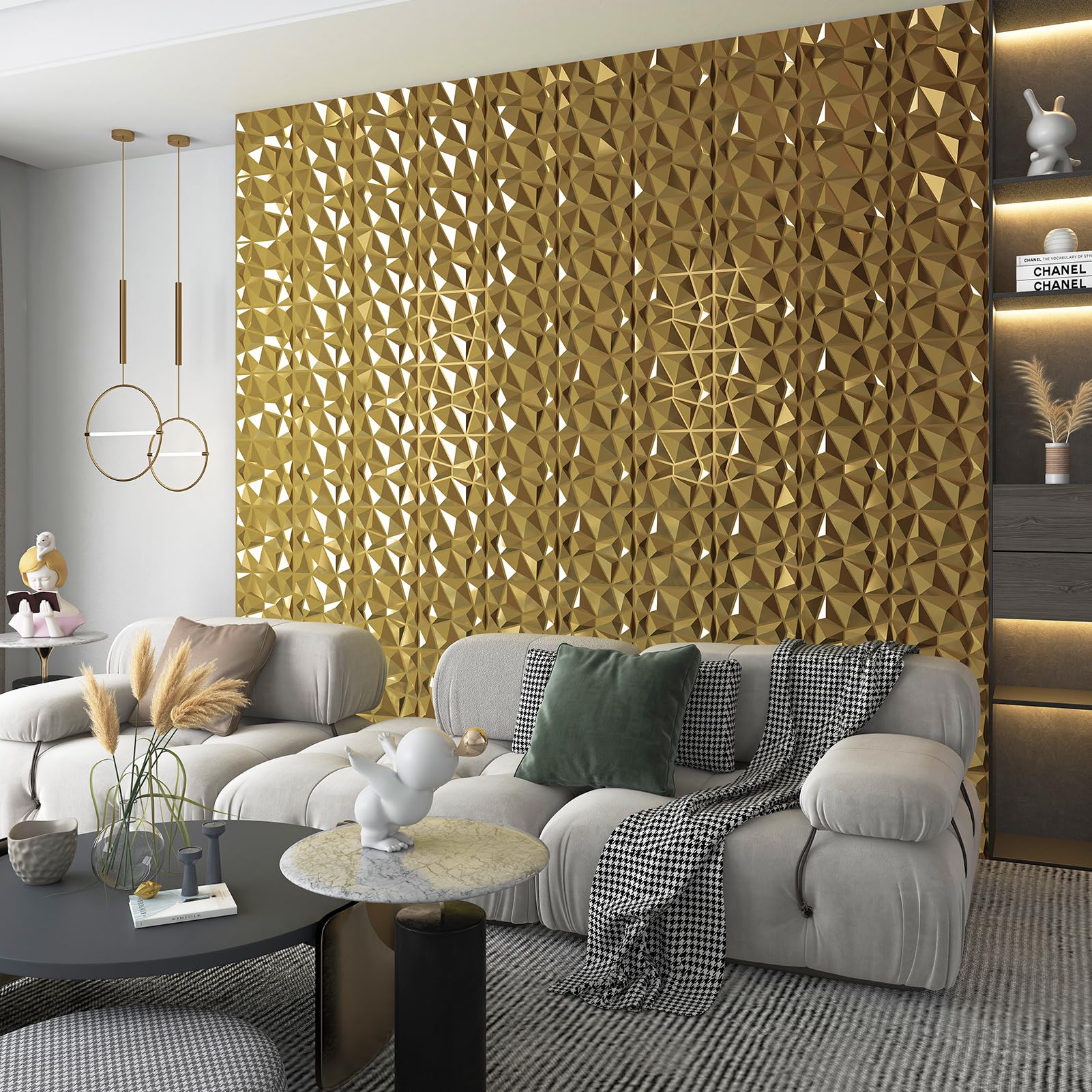 Art3d 3D Diamond Design Paneling for Interior Decor, Living Room, TV Wall Background, Bedroom, Gaming Setup, 11.8" x 11.8", Gold, 33 Pack