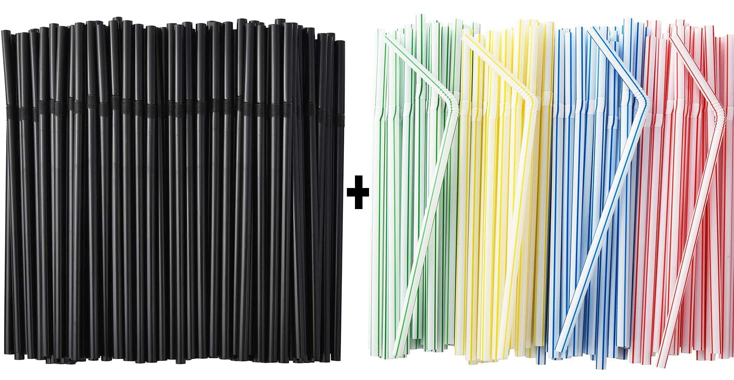 ALINK 500 Black Flexible Straws + 500 Striped Straws