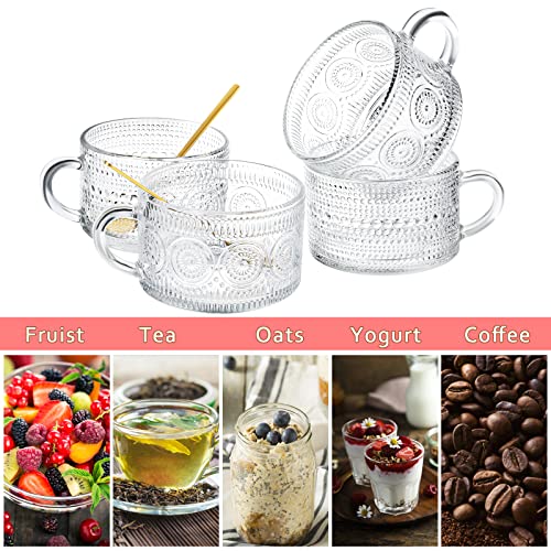 4 Pcs Vintage Glass Coffee Mugs 14 Oz Clear Embossed Tea Cups with 4 Pcs Spoons Stackable Drinking Glasses for Cappuccino Water Milk Yogurt Beverage Gift for Family and Friends