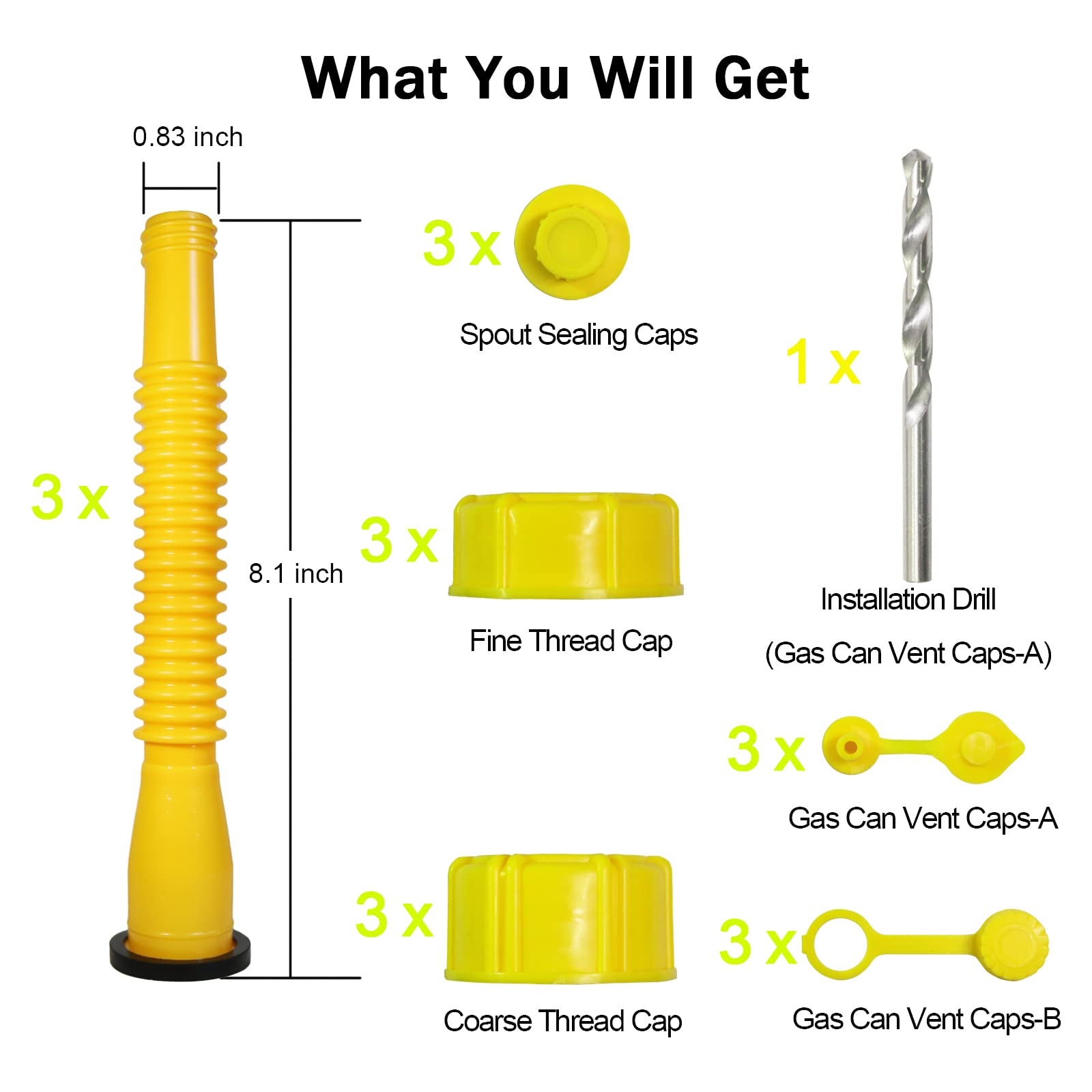 6 Kit 37PCS Gas Can Spout Replacement Set, Gas Can Nozzle 5 Gal ,6 Bendable Tubes,6 Screw Collar Coarse Thread &6Fine Thread-Fits Most of The Cans,6 Threaded caps,6 Vent Caps 1 Drill Lid (37)