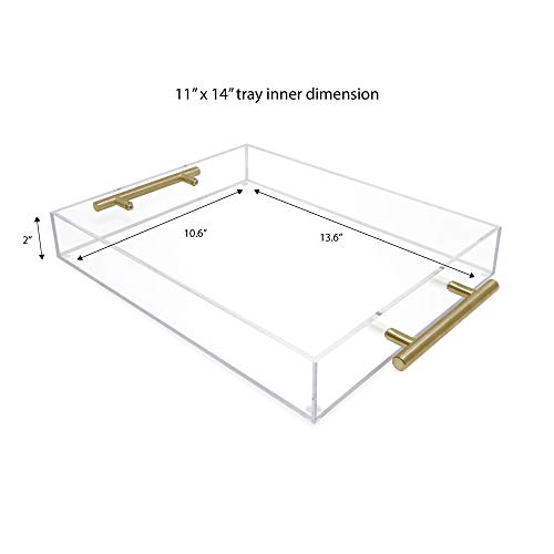 Isaac Jacobs Clear Acrylic Serving Tray (11x14) with Gold Metal Handles, Spill-Proof, Stackable Organizer, Food & Drinks Server, Indoors/Outdoors, Lucite Storage Décor (11x14, Clear with Gold Handle)
