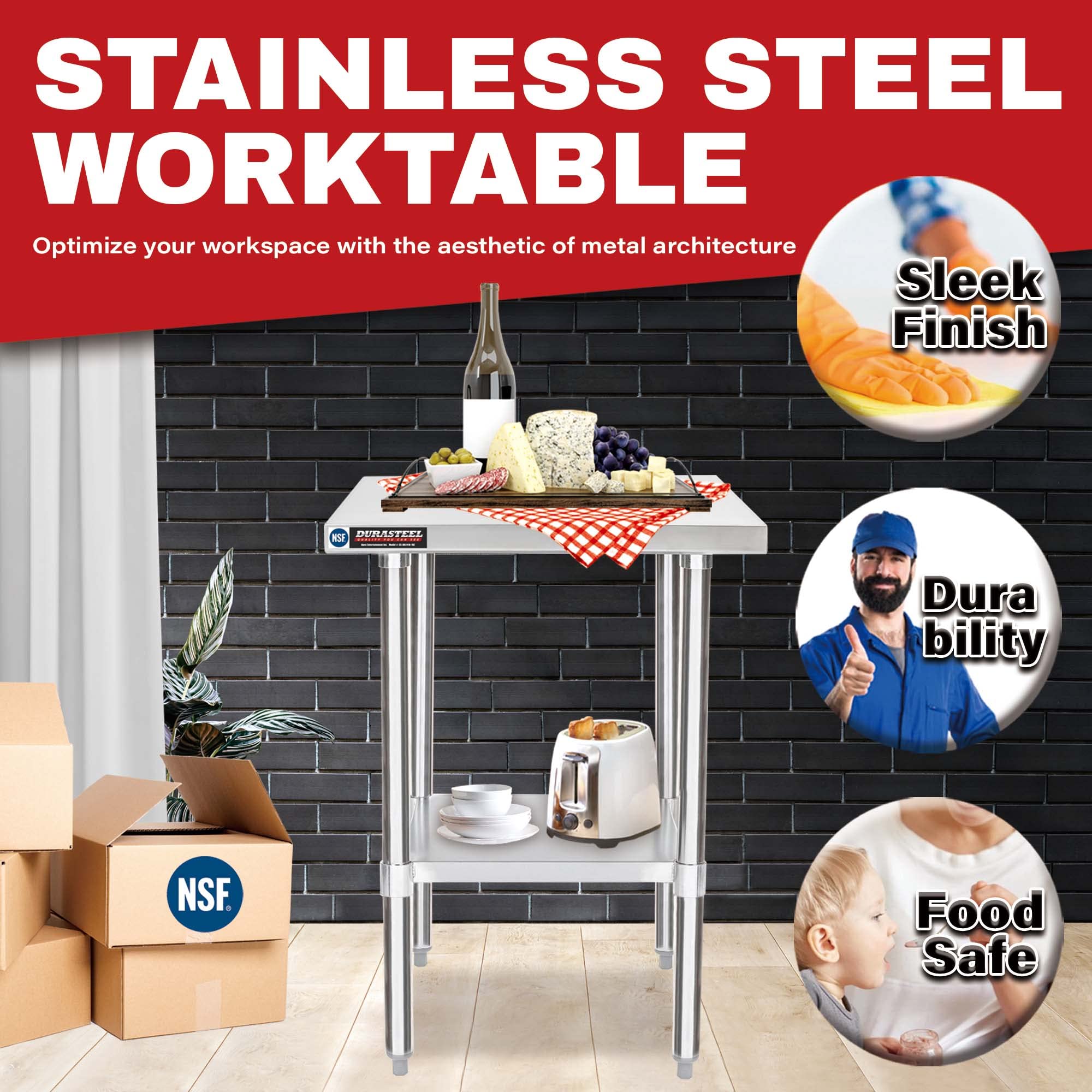 DuraSteel 24x18 Small Stainless Steel Table - NSF Commercial Kitchen Work Food Prep Table - Side Mixer Metal Table with Under Shelf - For Laundry Room, Kitchen, Outdoor Grill, Small Spaces