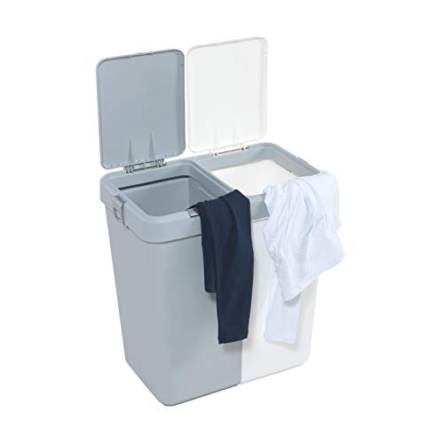 Mabel Home Plastic Laundry Hamper with Lid, 2 sections, Large Laundry Basket β Extra Trash Bin (1,6 Gallons) inc. & 3 Colour (White-Grey)