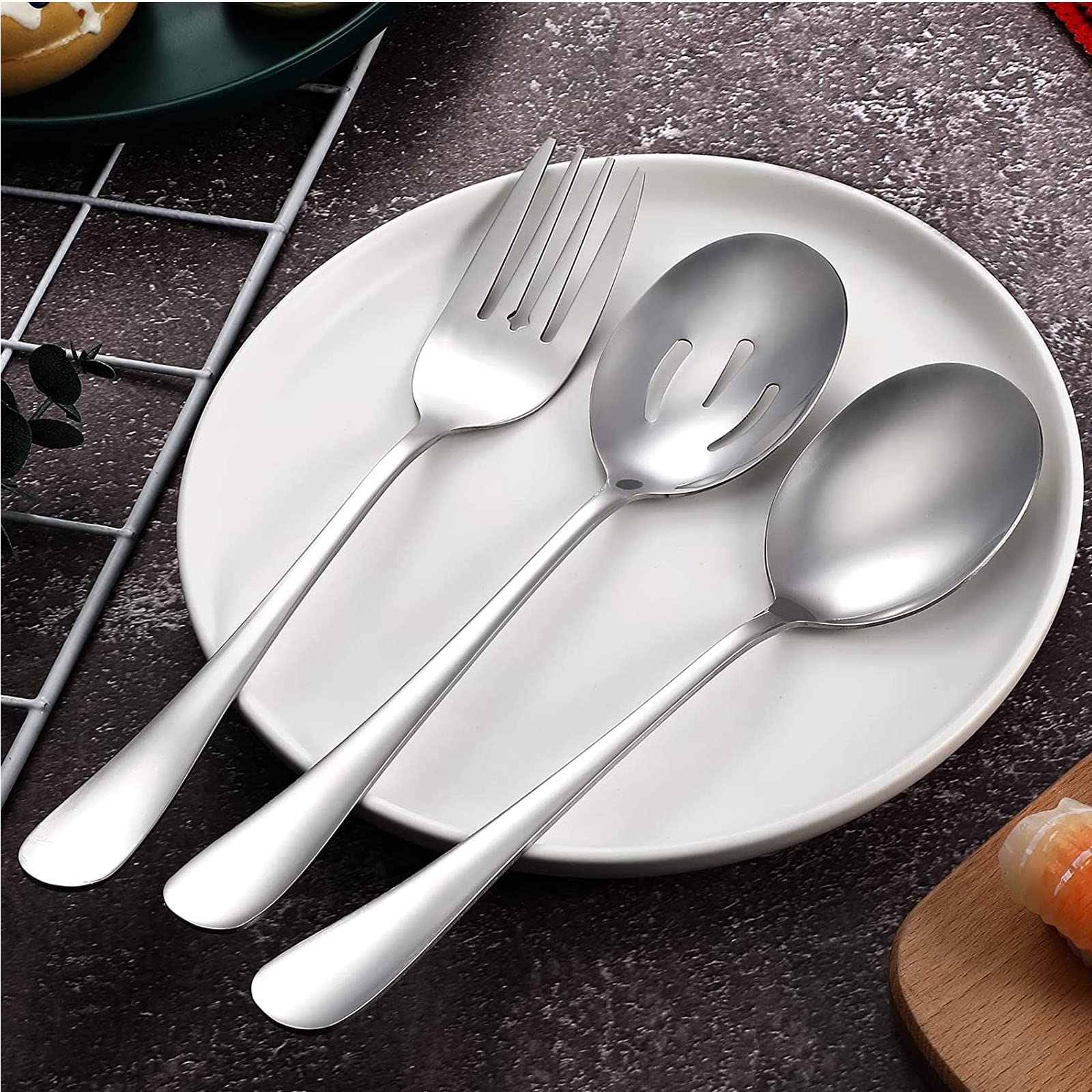 6 Pcs Serving Utensils,Stainless Steel Serving spoons and slotted spoons 8.5 Inch Serving Forks 8.8Inch Large Serving spoons set for Kitchen,Party supply (Silver)