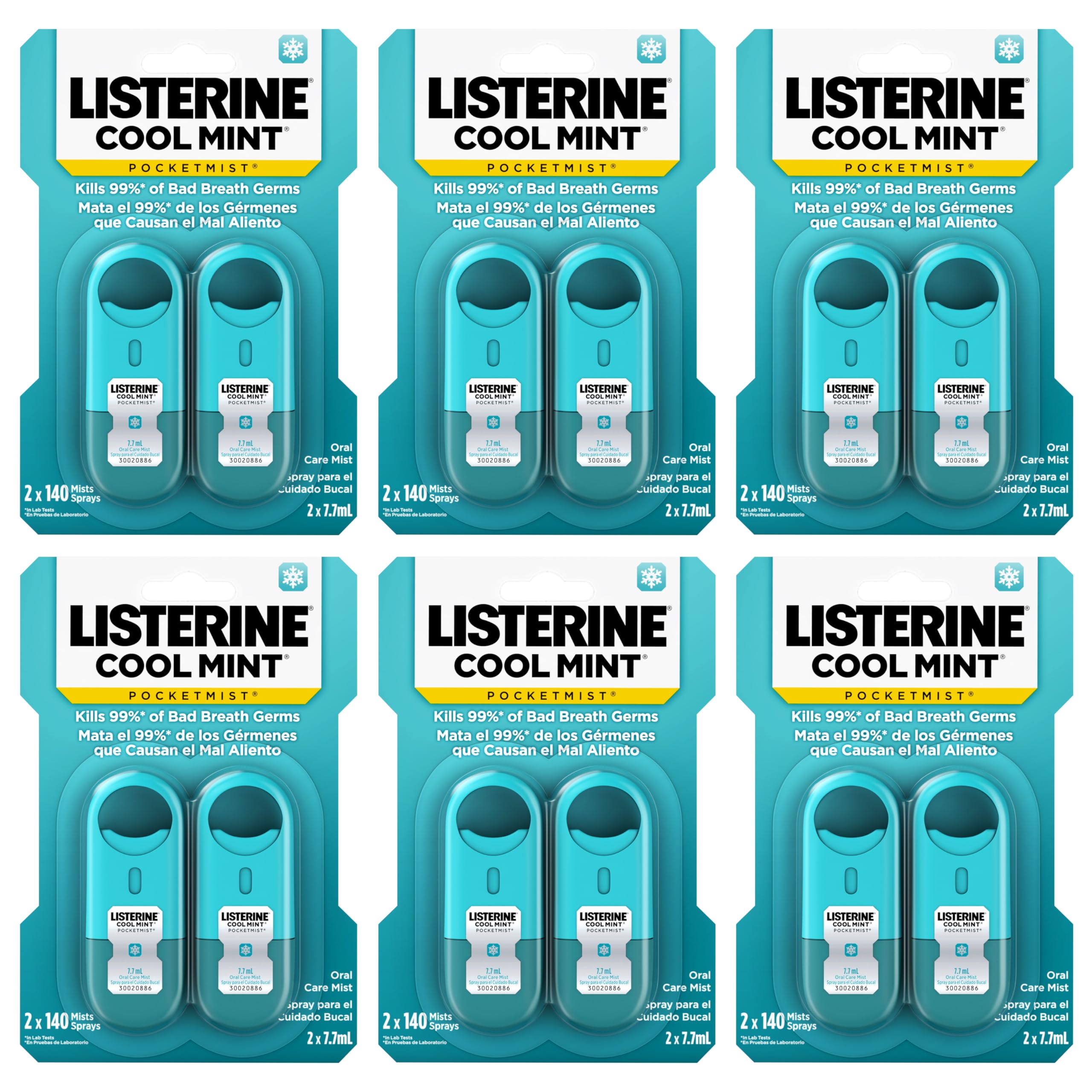 Listerine Cool Mint Pocketmist, Oral Care Mist for Fresh Breat, Kills 99% of Bad Breath Germs, Cool Mint Flavor, 0.26 Fl Oz - 2 Count (Pack of 6)