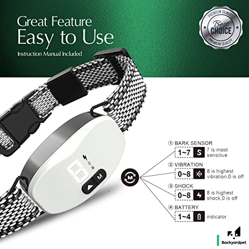 BackyardPet Dog Bark Collar, Rechargable Anti Barking Collar for Dogs with 7 Adjustable Sensitivity Levels and 8 Adjustable Shock and Vibration Levels - Bark Collar for Small, Medium and Large Dogs