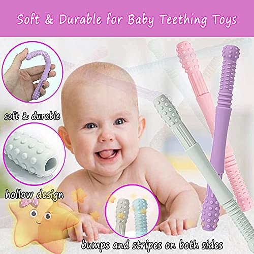 Hollow Teether Tubes, Honboom 5 Packs Soft Silicone Teething Tubes, Baby Soothing Teether Toy, Chew Straw Toy for Babies 0-12 Months with a Cleaning Brush, Dishwasher Safe (6.6in)