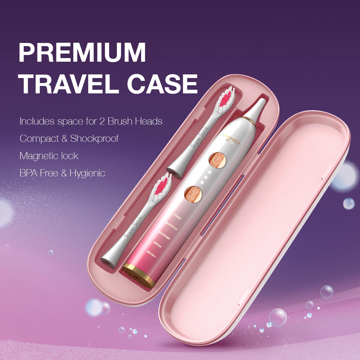 Wagner Stern WHITEN+ Edition. Whitening Electric Toothbrush with Pressure Sensor. Offers 5 Brushing Modes, 3 intensities, 8 Soft Brush Heads, and a Luxury Travel case.