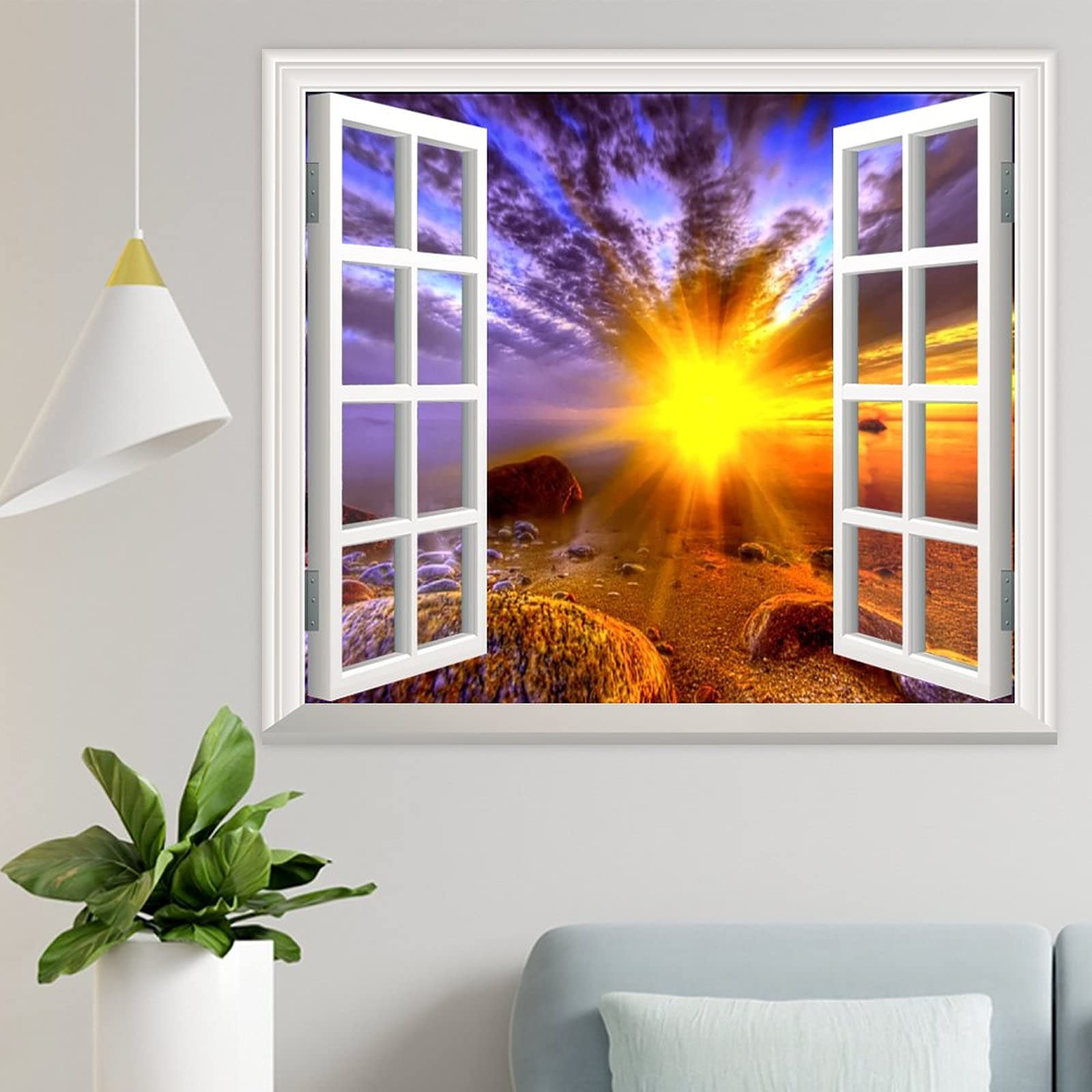 3D Wall Decals Window Looking Out Beach Ray Ocean Wall Stickers Murals Wallpaper Art Decor for Living Room,Home Walls,Kids Room