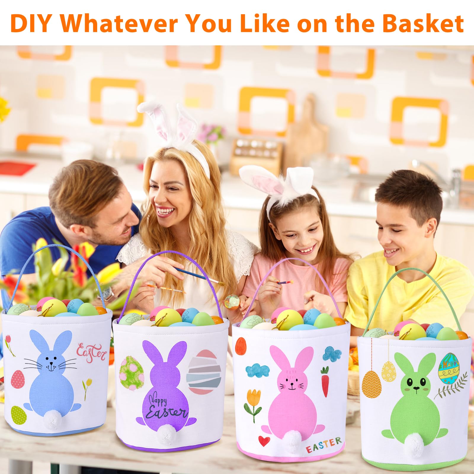 Faylapa 3pcs Easter Bunny Basket Bags Bunny Canvas Tote - Party's Celebrate Decoration Eggs Candy and Gifts Carry Bucket-Pink+Blue+Green
