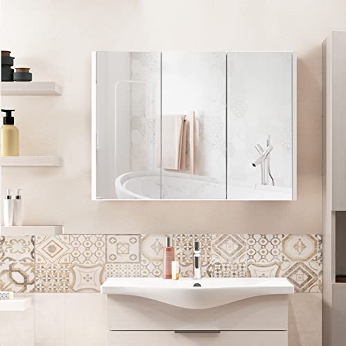 Tangkula Bathroom Medicine Cabinet with 3 Mirror Doors, Wall Mount Wide Mirrored Cabinet with Adjustable Shelf, Triple Mirrored Doors Storage Cabinet for Bathroom Living Room, 36 x 4.5 x 25.5 Inches