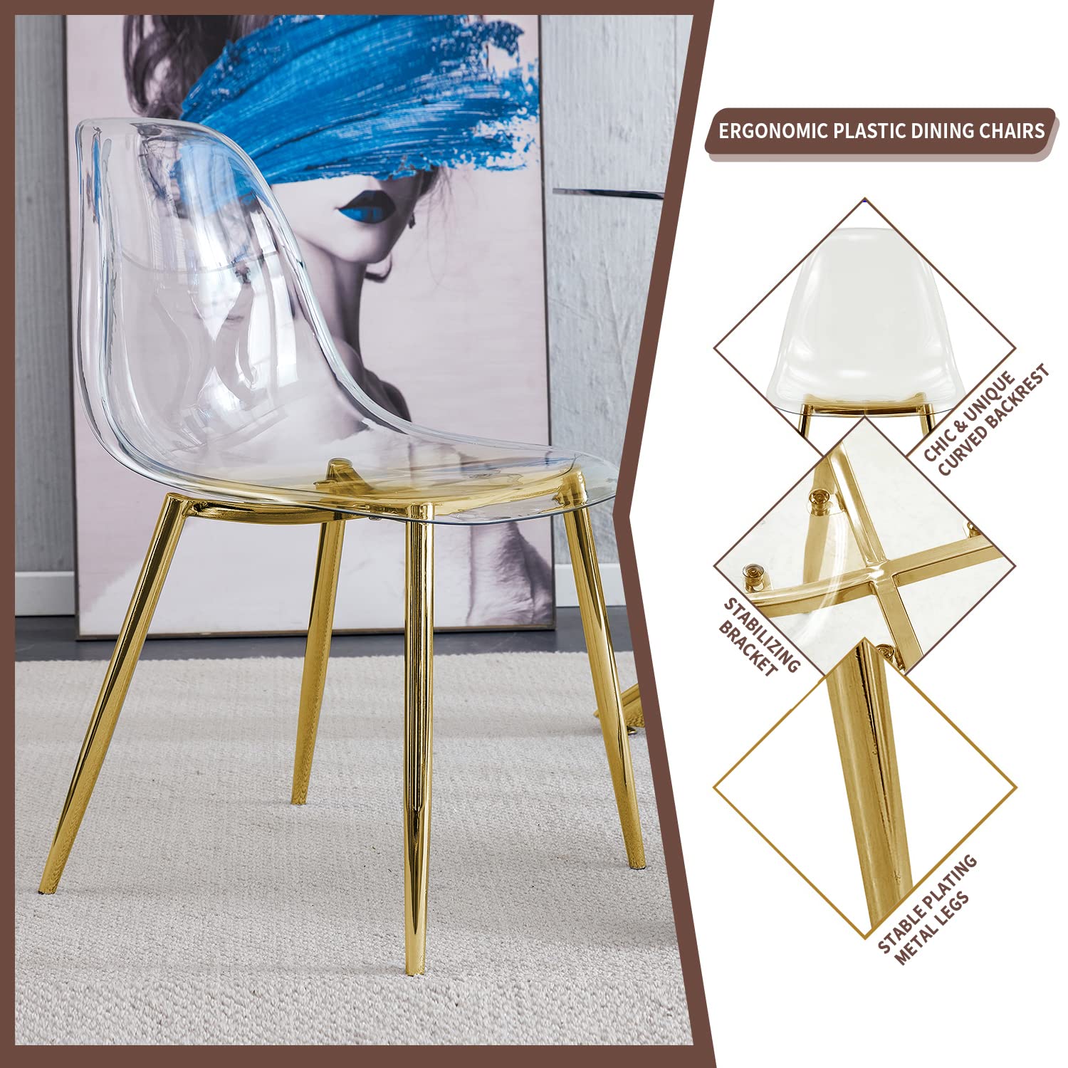 51 inch Glass Dining Table Set for 4, Dining Table & Chair Sets with Gold Plating Legs for Kitchen, Modern Rectangle Tempered Glass Table Top and Transparent Plastic Dining Chair for Dining Room