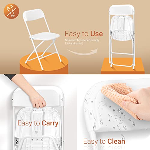 VINGLI 10 Pack White Plastic Folding Chair, Indoor Outdoor Portable Stackable Commercial Seat with Steel Frame 350lb. Capacity for Events Office Wedding Party Picnic Kitchen Dining