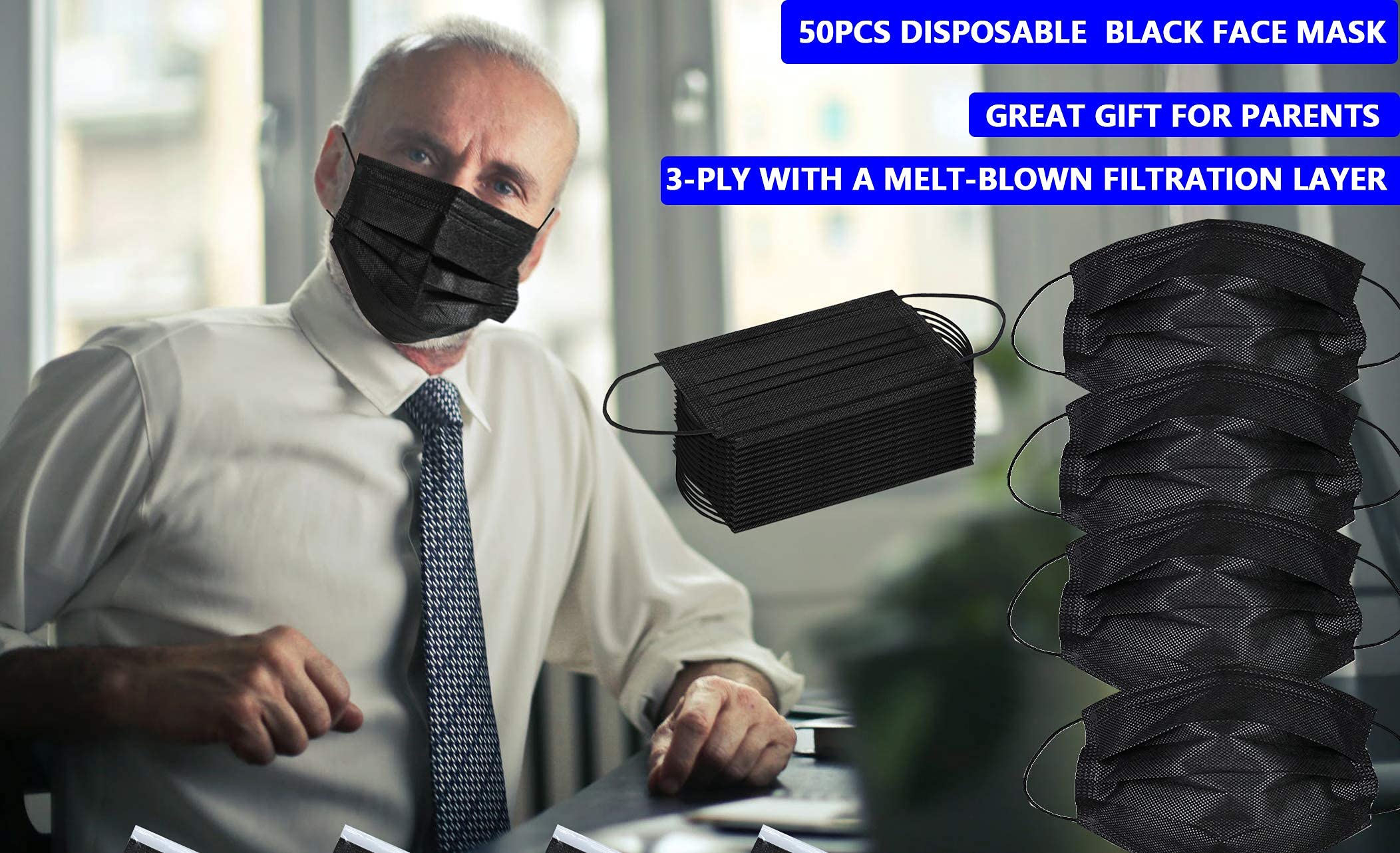 50 PCS Black Disposable Face Masks Safety Soft Breathable Elastic Ear Loop Face Masks for Women and Men Daily Comfy mask(50, Black)…