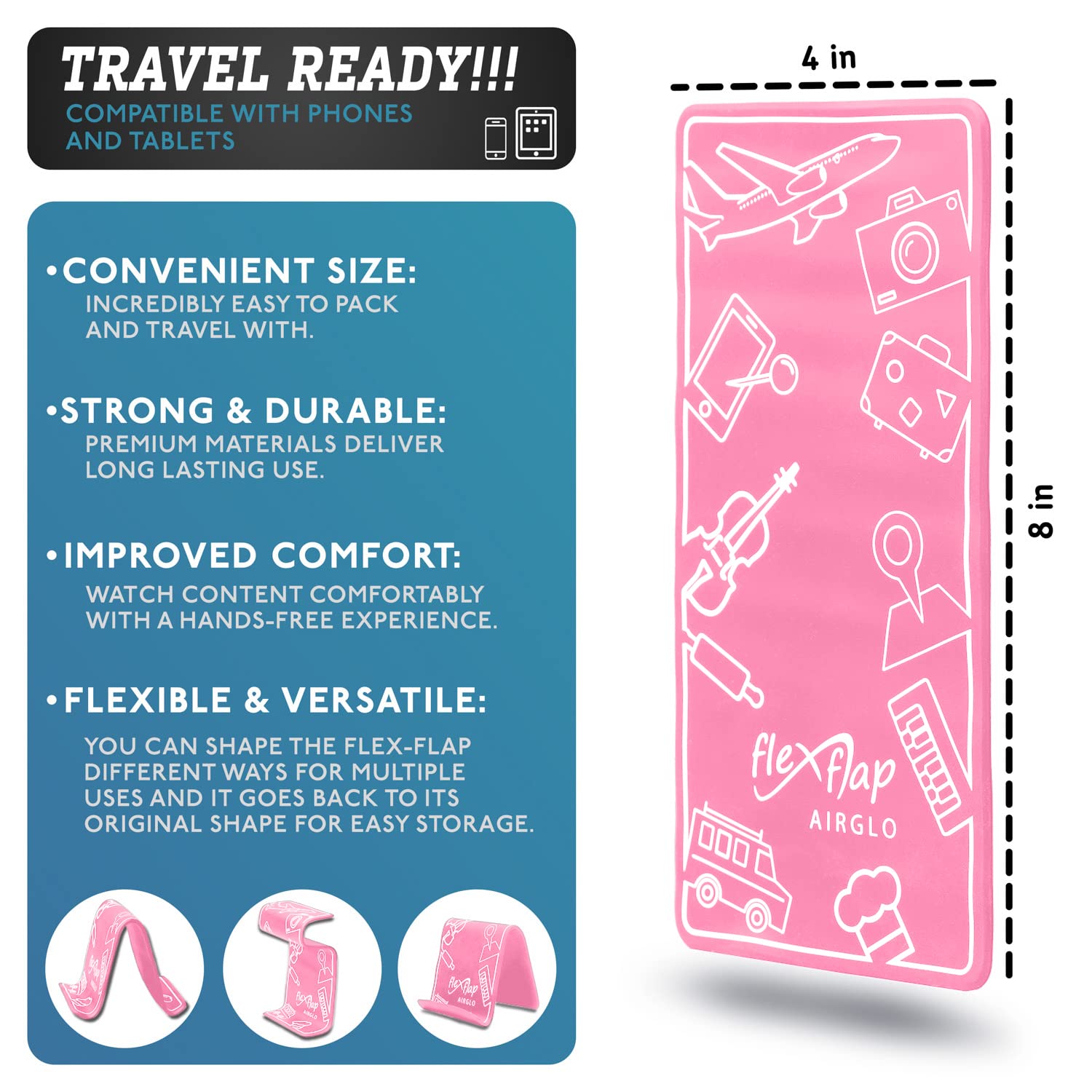 Airplane Travel Essentials for Flying Flex Flap Cell Phone Holder & Flexible Tablet Stand for Desk, Bed, Treadmill, Home & in-Flight Airplane Travel Accessories - Travel Must Haves Gadgets (Pro Pink)