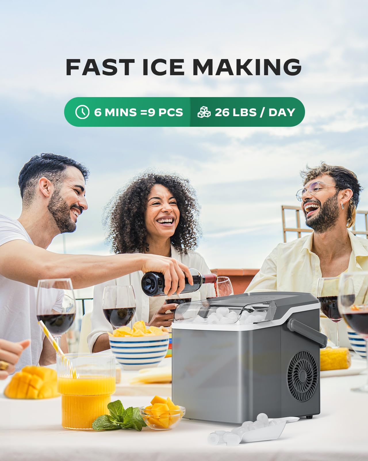 Silonn Countertop Ice Maker, 9 Cubes Ready in 6 Mins, 26lbs in 24Hrs, Portable Ice Machine with Self-Cleaning, 2 Sizes of Bullet Ice for Home/Kitchen/Party/RV, Grey