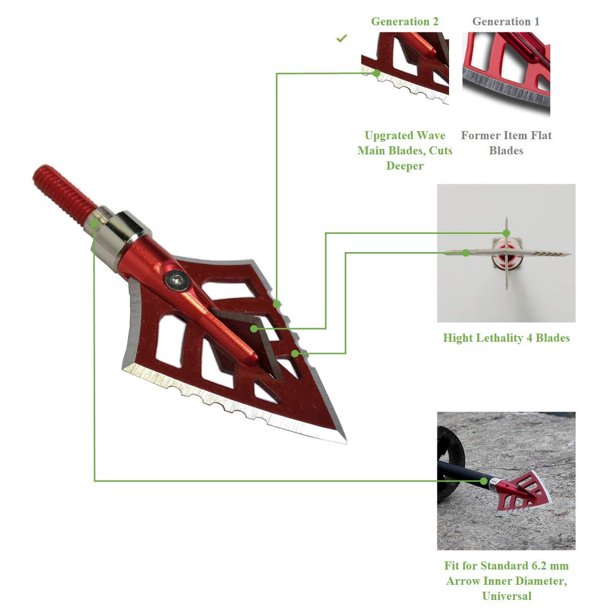 6pcs DB-11 Durable Fixed Serrated Blade Broadheads 125 Grain Hunting Arrowheads 1.18" Cutting Diameter