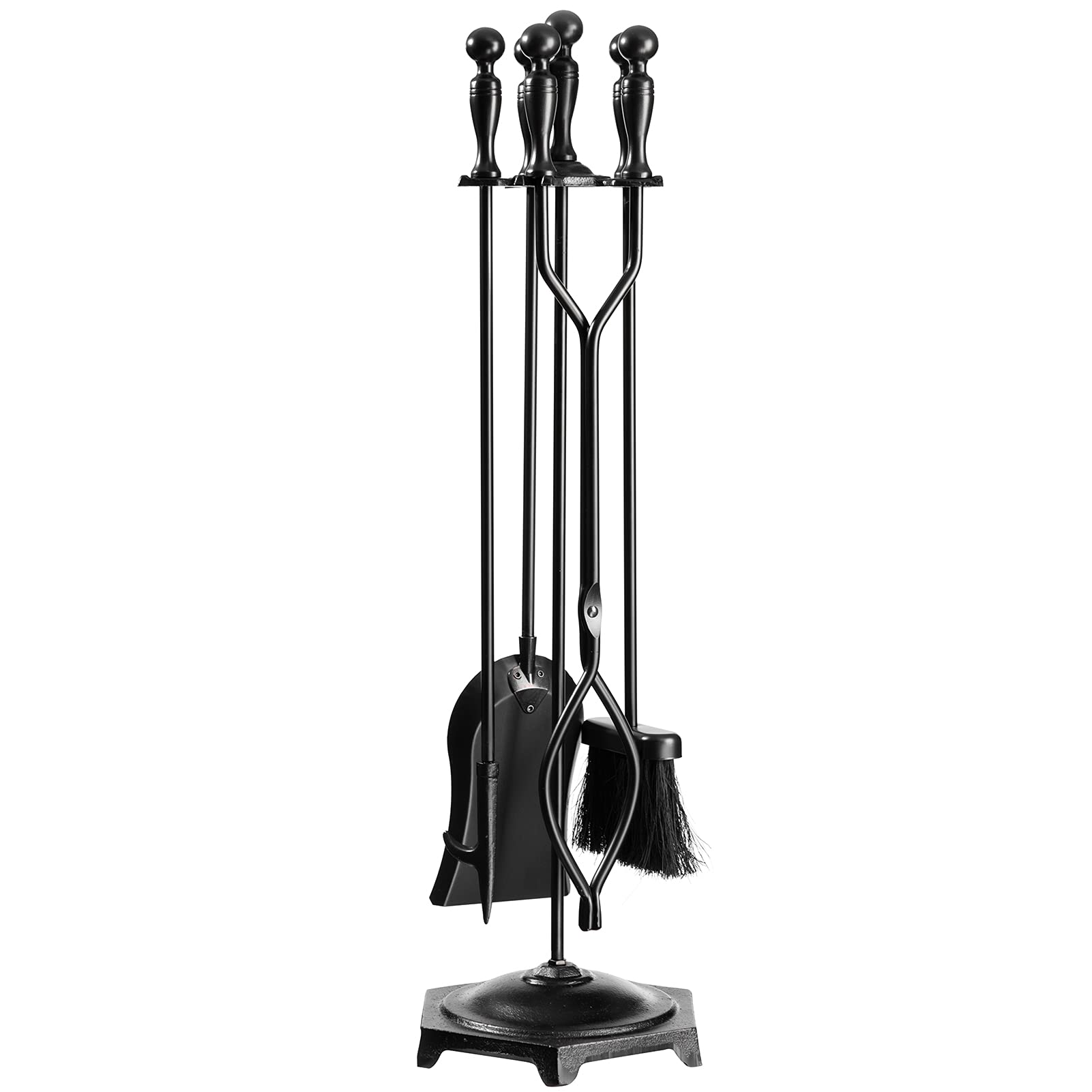 BeShiny 5 PCS Fireplace Tools Set Wrought Iron Fire Place Accessories Tools Modern Tool Poker Tongs Shovel Brush Stand