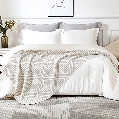 EMME Cotton Queen Blanket for Bed - Queen Quilt 6 Layer Soft Thicken 400GSM Triangle 90"x 90", Cotton Comforter for Dorm Bed All Seasons (Light Tan,Queen)