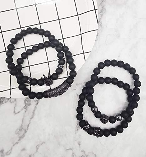 CARSHIER 4 PCS Bracelets for Men Women Friendship Lava Stone Crown Bead Bracelets 8MM Natural Essential Oil Diffuser Beads Bangles Gifts