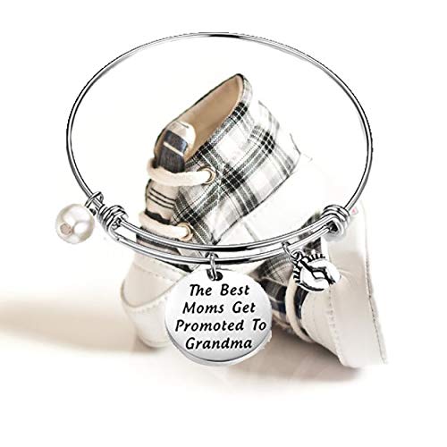 FEELMEM New Grandma Gift The Best Moms Get Promoted to Grandma Bangle Bracelet with Baby Footprint Charm (Silver)