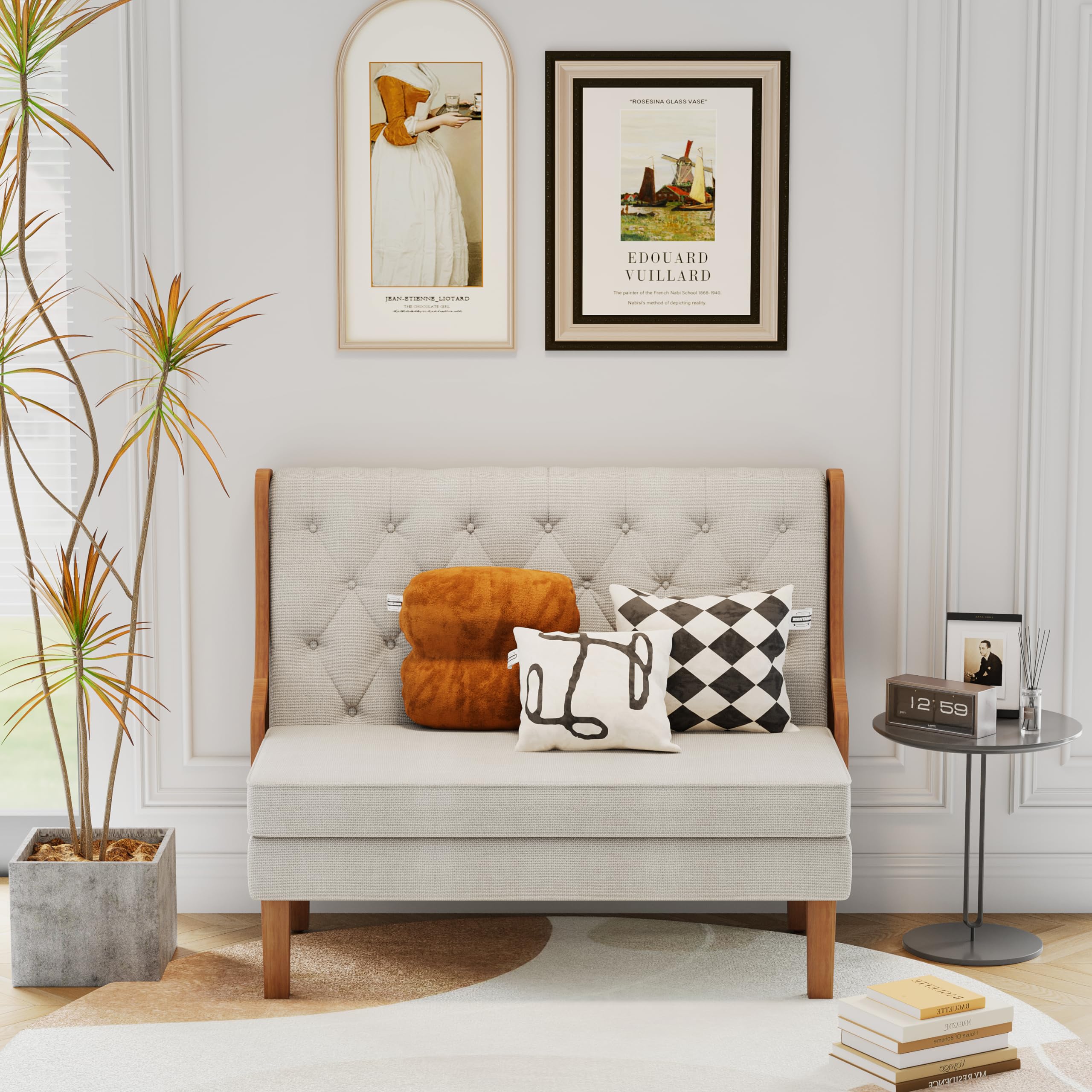 Andeworld Loveseat Settee Bench with Natural Rattan Arms,Upholstered Modern High-Back Mini Sofa Couch,Banquette Dining Bench Love Seat for Living Dining Room Bedroom Office Small Space Entryway,Ivory