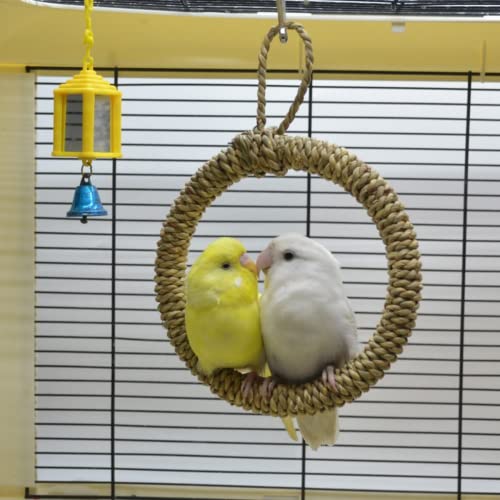 Bird Rope Swing Toy Parrot Climbing Perch Stand Natural Straw Rope Weaving Round Toy for Cockatiel Conure Cockatoo Parakeet Cage Hanging Decor