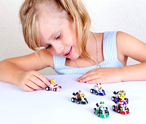 6pcs Mini Super Character Kart Pull Back Cars Cake Toppers Figures Toy Sets, Kids Birthday Party Cake Decoration Supplies and 2 pcs Keychains