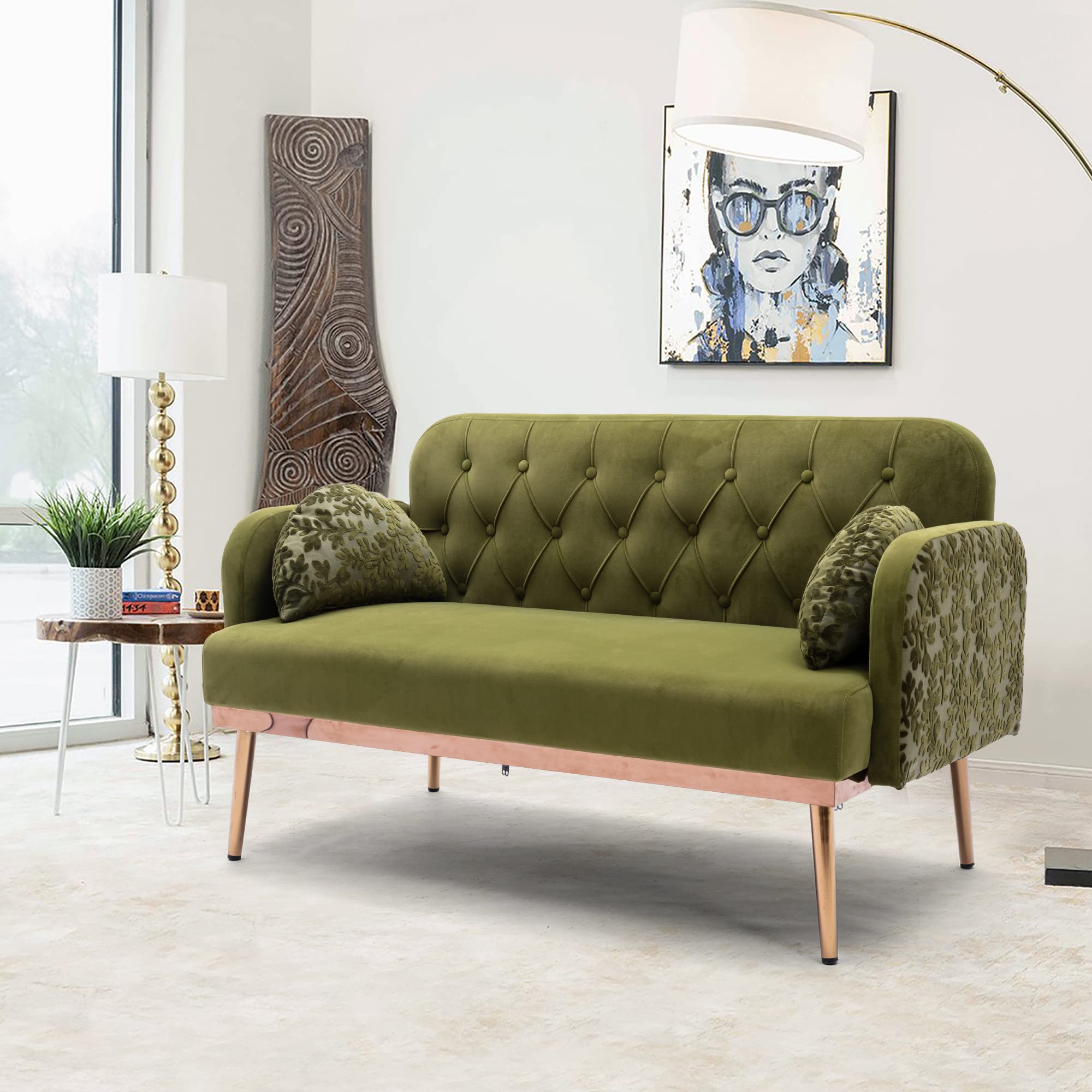 HomSof Velvet Sofa Chair, Small Couch for Bedroom, Red Loveseat Sofa with Metal feet, 2 Pillows Included